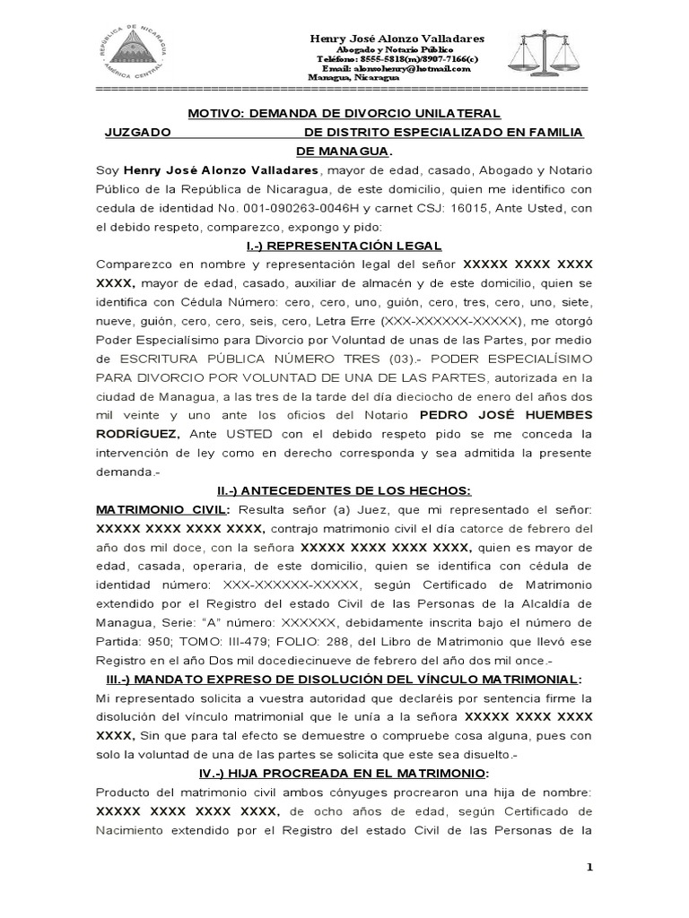 Demanda Divorcio Unilateral Nicaragua | PDF | Pensión alimenticia ...
