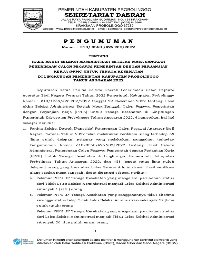 Pengumuman Lolos Seleksi Administrasi NAKES (STLH Sanggah) TTE - V2 - Signed - Signed | PDF