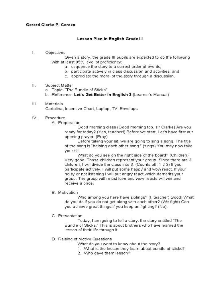 Lesson Plan: The Bundle of Sticks | PDF | Lesson Plan | Learning