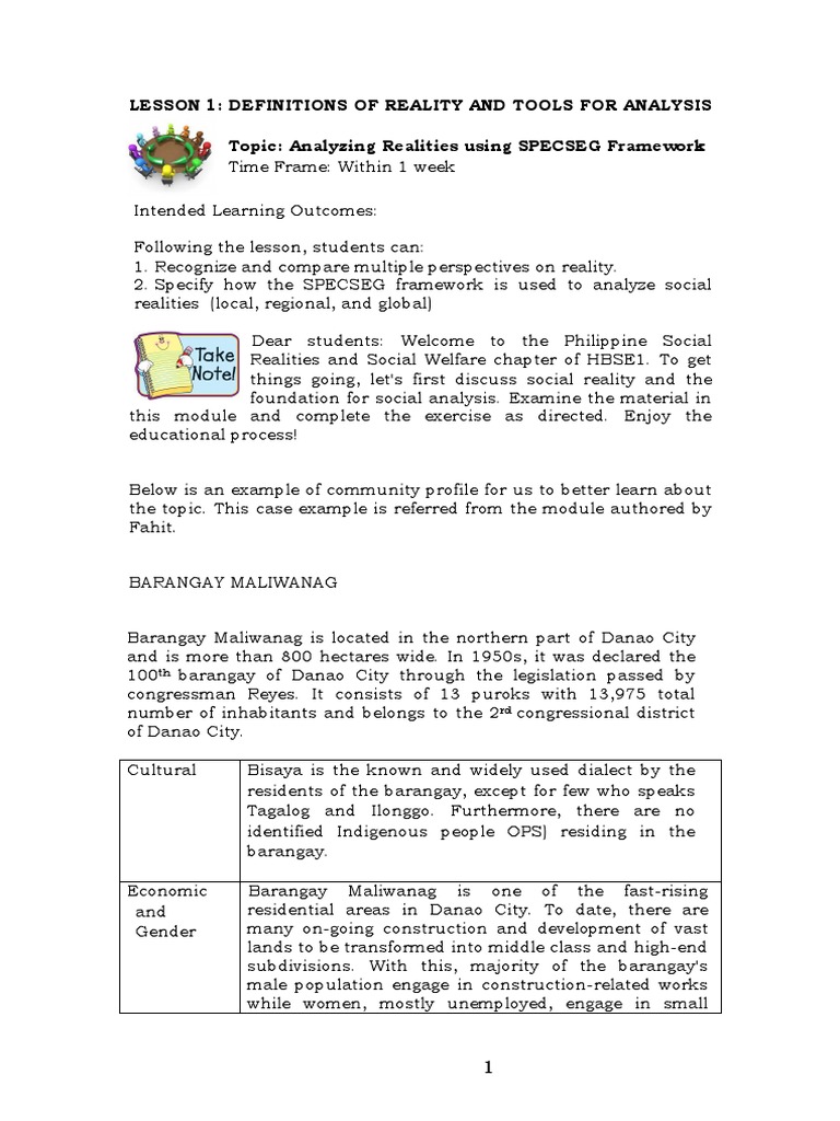 Lesson 1: Definitions of Reality and Tools For Analysis Topic ...