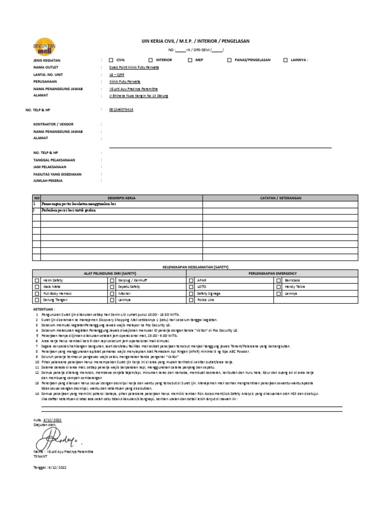 Form Surat Ijin Kerja - Revisi 1 | PDF
