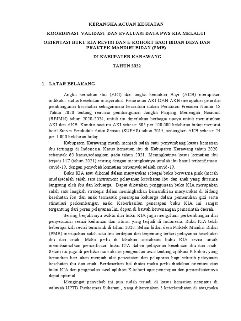 Kerangka Acuan Kegiatan Buku Kia Dan E-Kohort | PDF