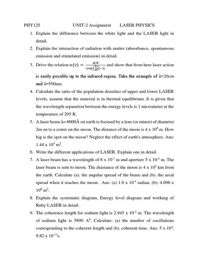 Assignment Laser Physics Unit 2 | PDF | Laser | Light
