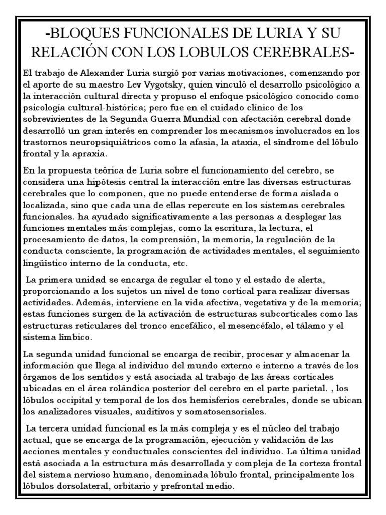 Bloques Funcionales de Luria y Su Relación Con Los Lobulos Cerebrales ...
