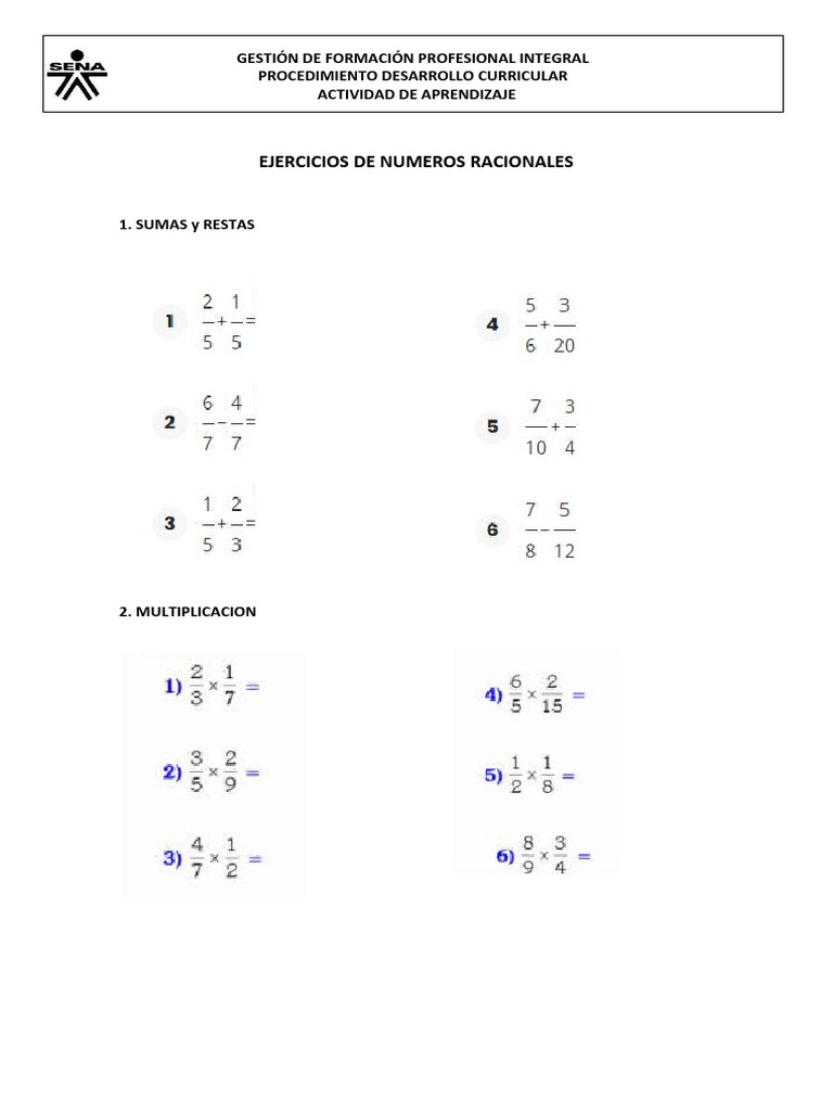 Ejercicios de Numeros Racionales | PDF