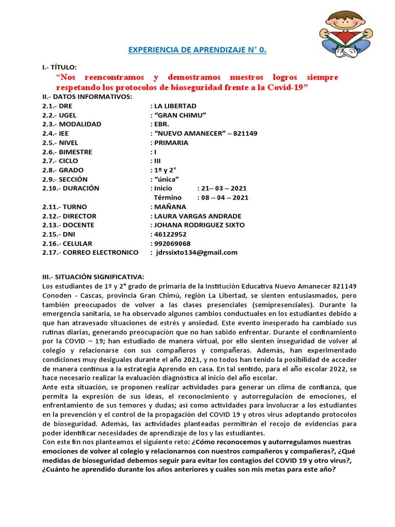 Experiencia De Aprendizaje 0 Iii Ciclo Pdf Evaluación Las
