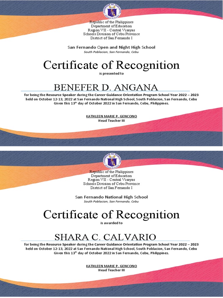 Certificate of Recognition Career Guidance | PDF
