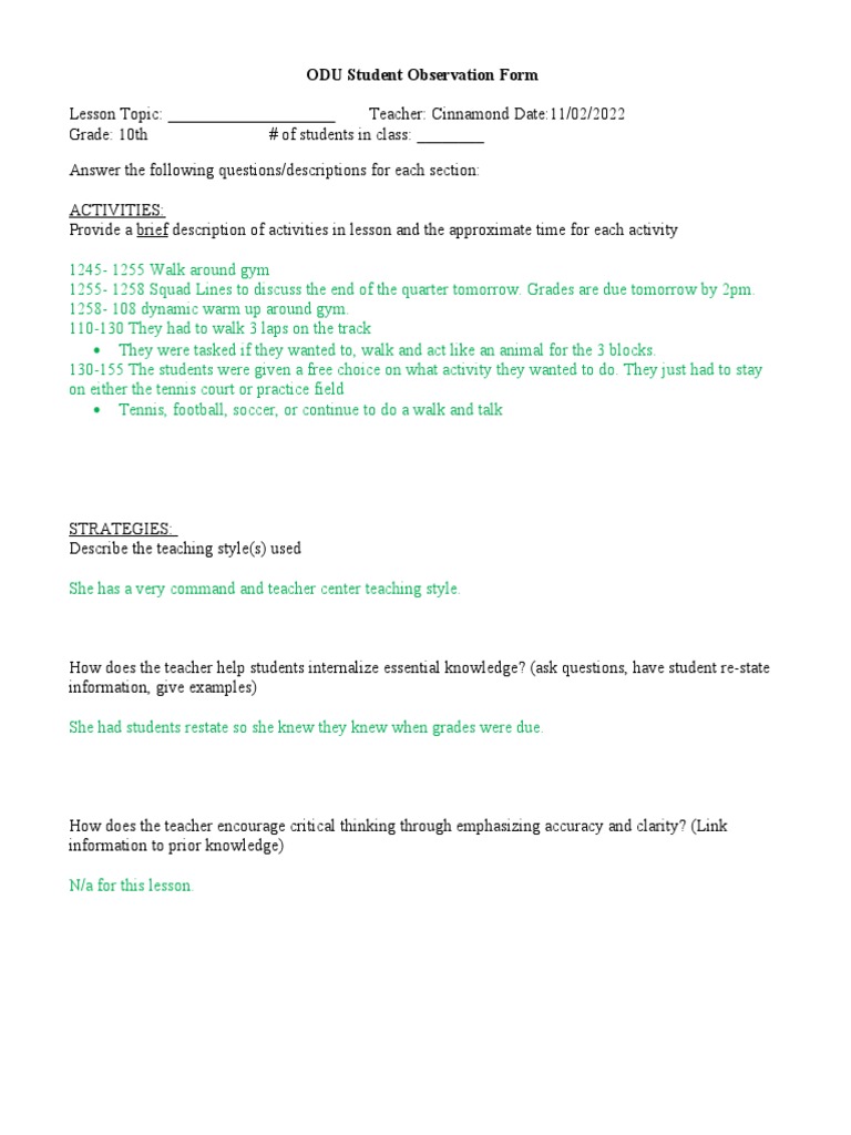 Student Observation Form Copy 2a | PDF