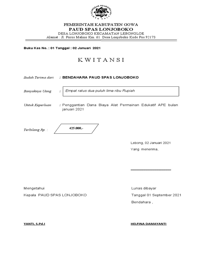 Kwitansi Pengeluaran PAUD Lonjoboko | PDF