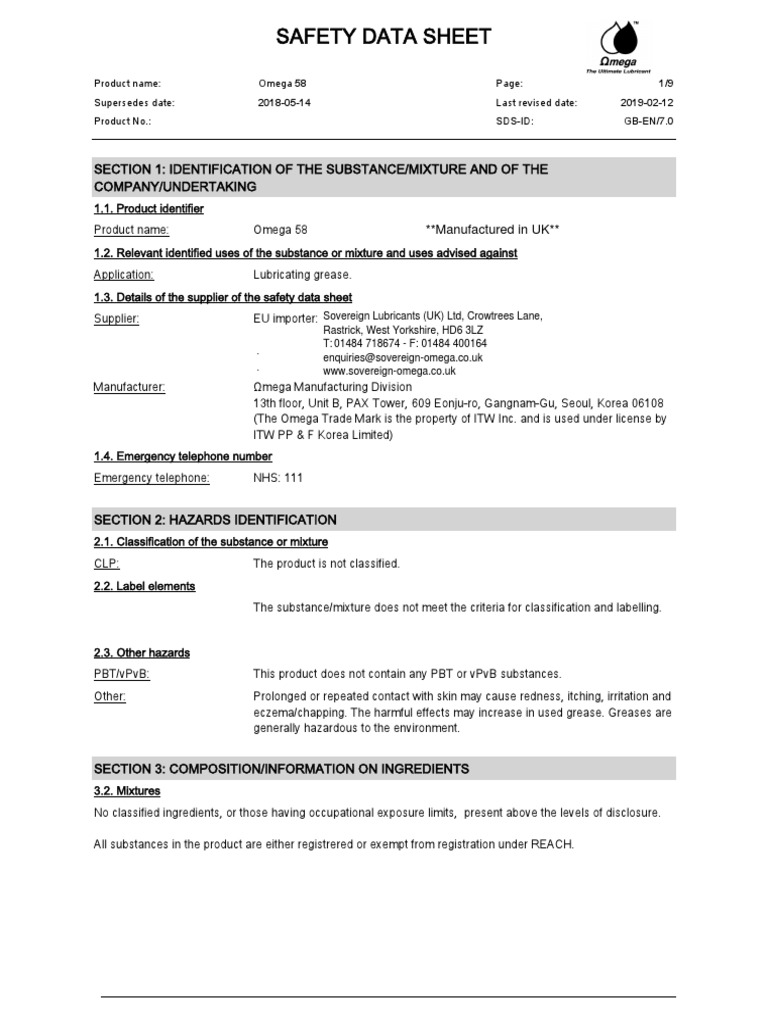 Omega-58 GB 7.0 | PDF | Dangerous Goods | Toxicity