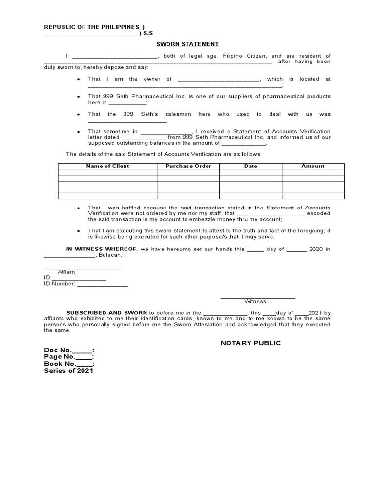 Sworn Statement - Sample Goods | PDF | Civil Law (Common Law ...