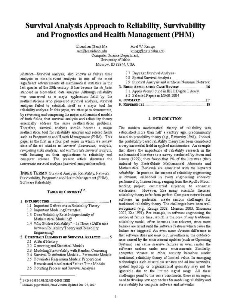 Survival Analysis Approach to Reliability, Survivability | PDF ...