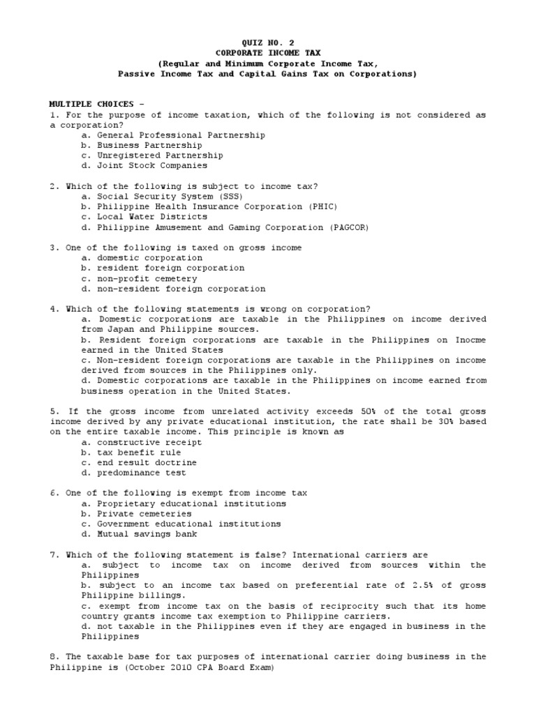06M Midterm Quiz No. 2 Income Tax On Corporations | PDF | Gross Income | Income Tax