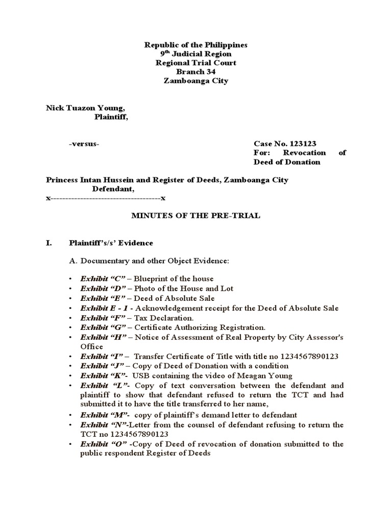 Minutes of Pre Trial | Download Free PDF | Deed | Plaintiff