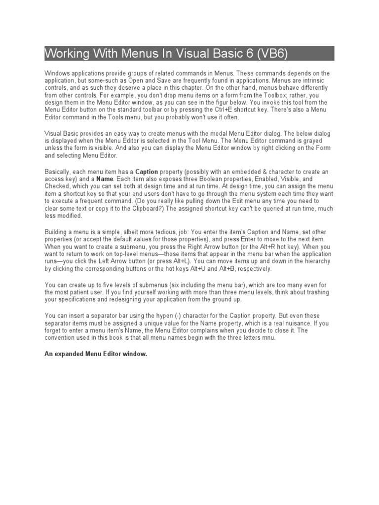 Working With Menus in Visual Basic 6 (VB6) : An Expanded Menu Editor Window | PDF | Menu ...