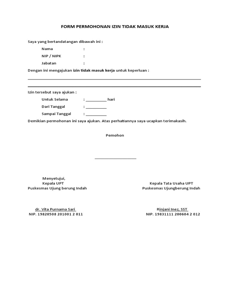 Form Permohonan Izin Tidak Masuk Kerja | PDF