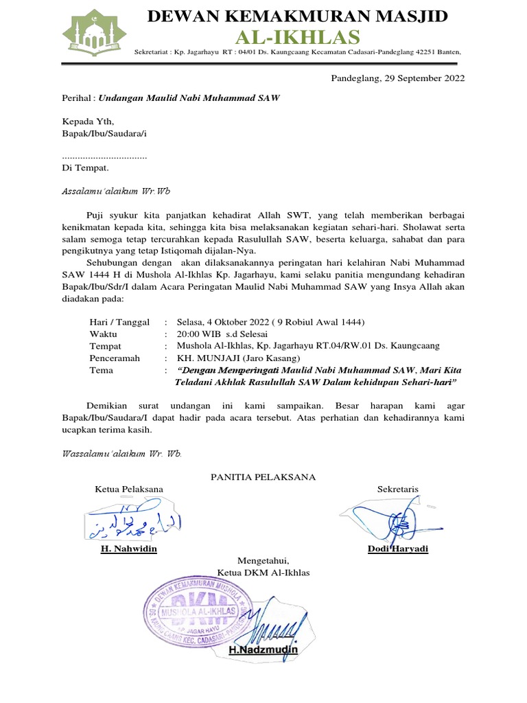 Surat Undangan Maulid Nabi Muhammad SAW 2022 | PDF