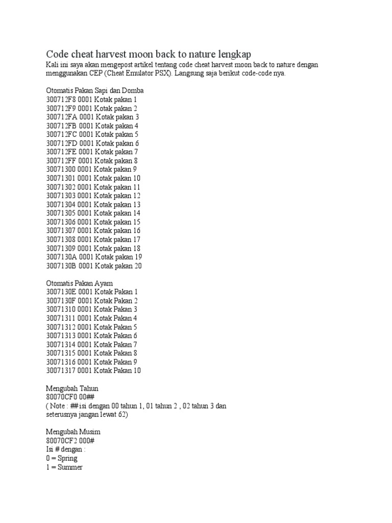 Code Cheat Harvest Moon Back To Nature Lengkap | PDF