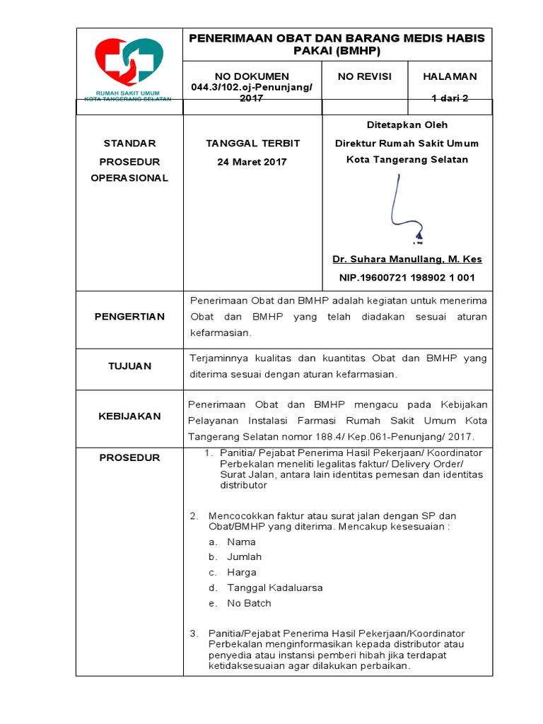 SPO PENERIMAAN OBAT DAN BARANG MEDIS HABIS PAKAI (BMHP) .Uday Edit | PDF