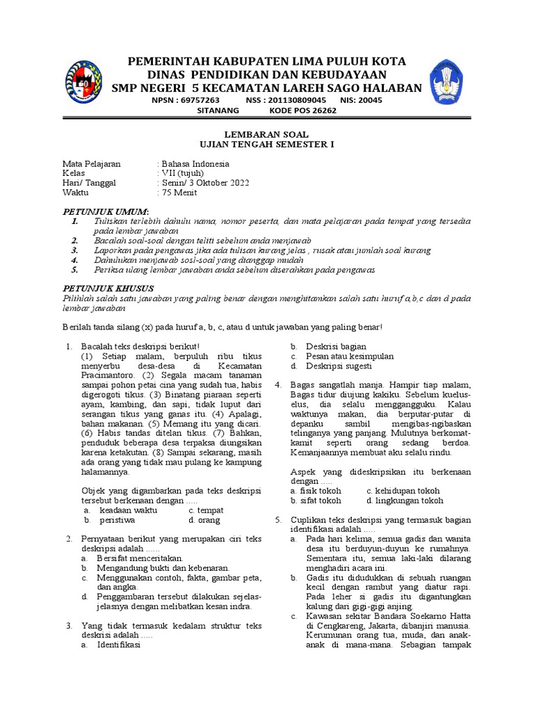 SOAL UTS 1 KLS 7 B. Indonesia | PDF