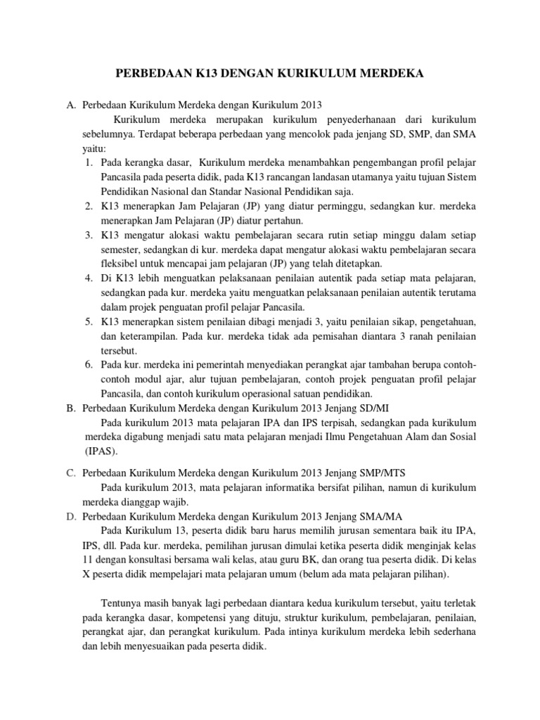 Perbedaan K13 Dengan Kurikulum Merdeka | PDF Perbedaan K13 Dengan Kurikulum Merdeka | PDF