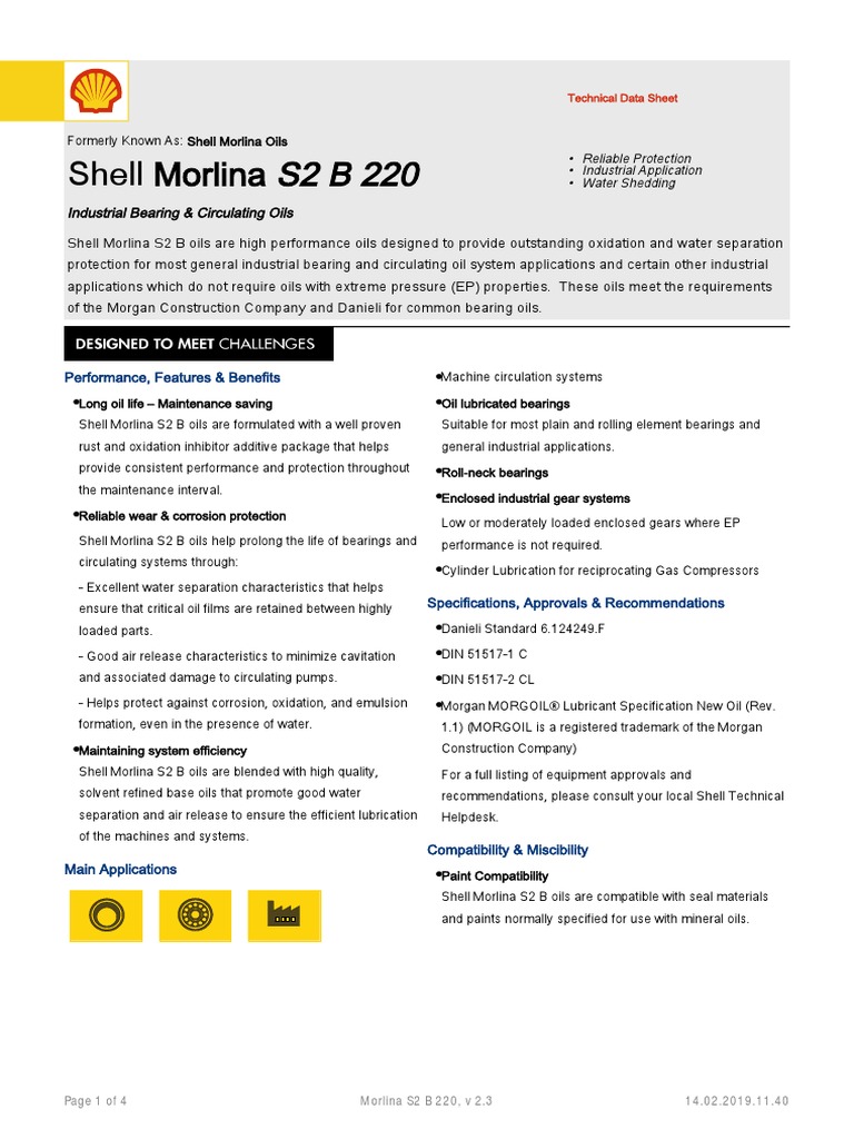 Shell Morlina S2 B 220 - TDS | PDF | Bearing (Mechanical) | Lubricant