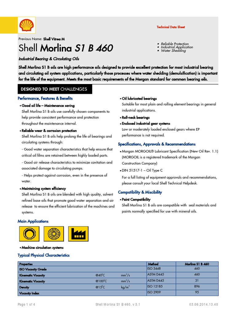 Shell Morlina S1 B 460 - TDS | PDF | Bearing (Mechanical) | Viscosity