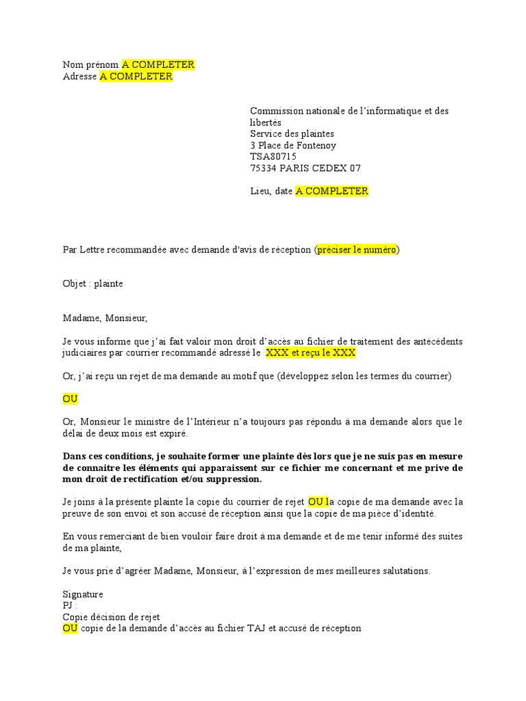Modèle de Lettre Demande de Communication Données TAJ CNIL | PDF