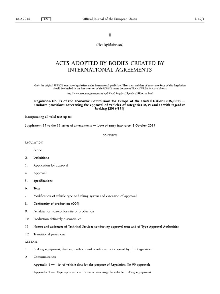 UNECE Regulation No 13 - Uniform Provisions Concerning The Approval of ...