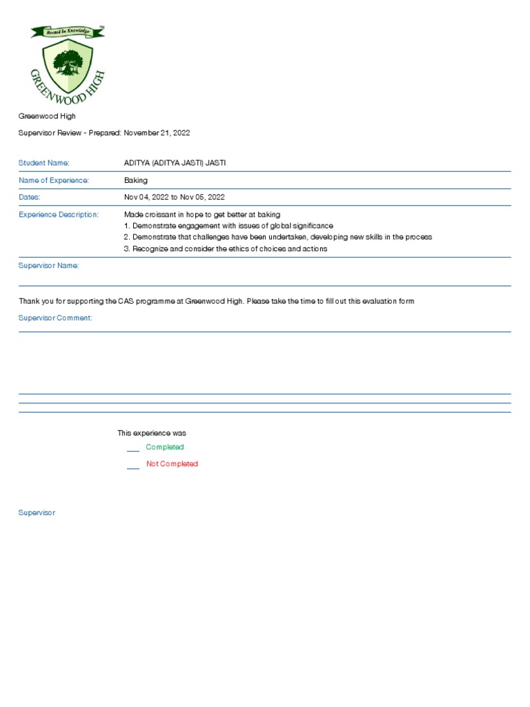 CAS Completion Form - JASTI ADITYA ADITYA JASTI - Baking | PDF | Career ...