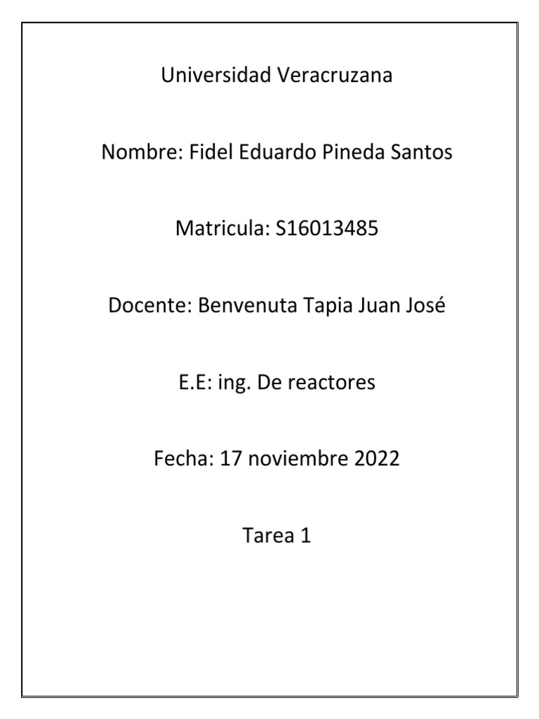 Tarea 1 Ing Reactores | PDF | Reactor Quimico | Gases