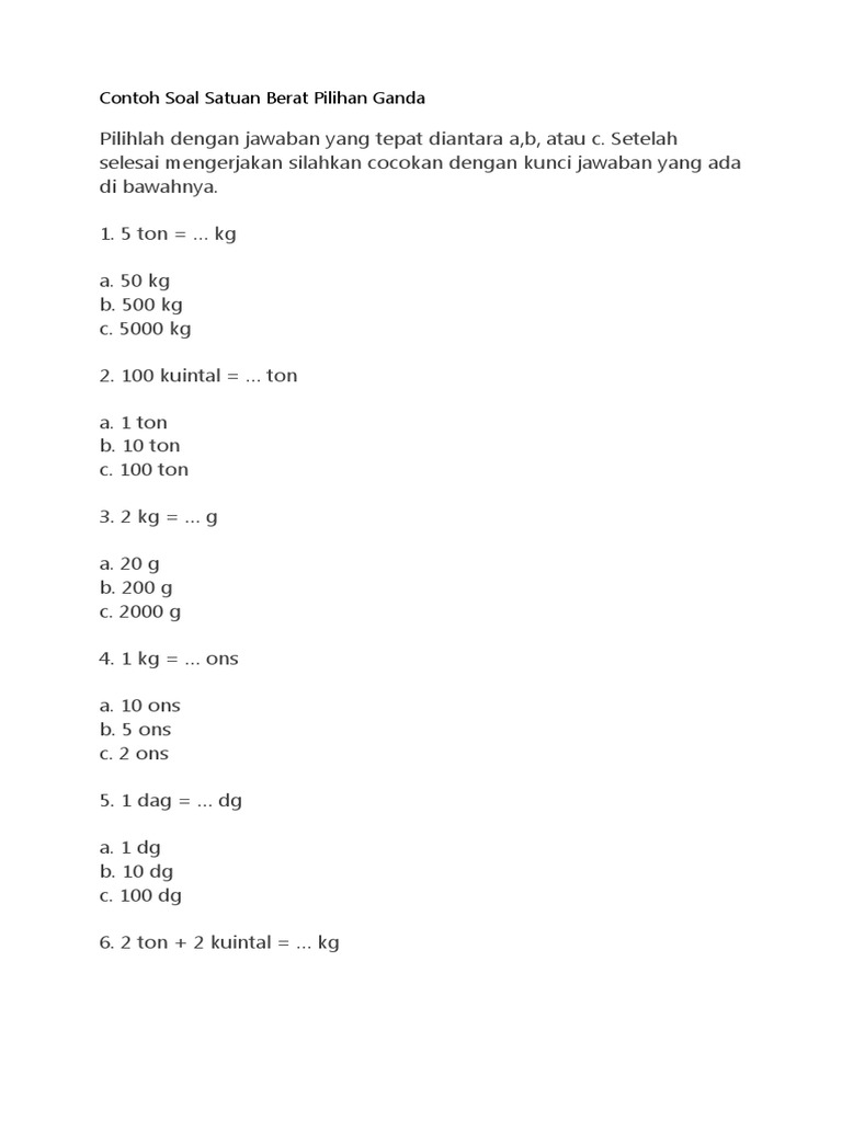 Contoh Soal Satuan Berat Pilihan Ganda | PDF