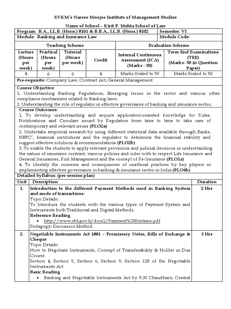 Banking and Insurance Law Syllabus | PDF | Negotiable Instrument ...