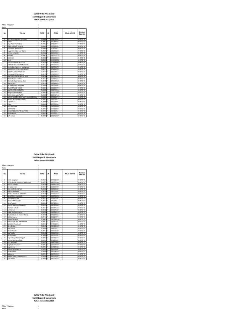 Daftar Nilai Pas Kelas Xi | PDF