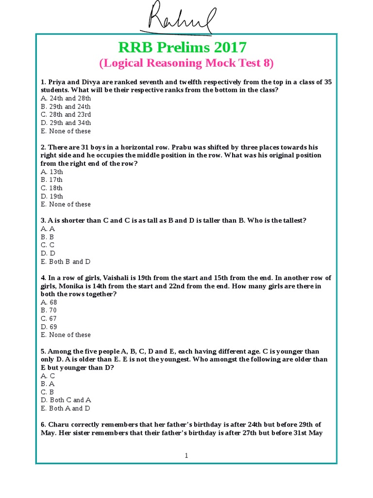 Logical Reasoning Mock Test 8 | PDF