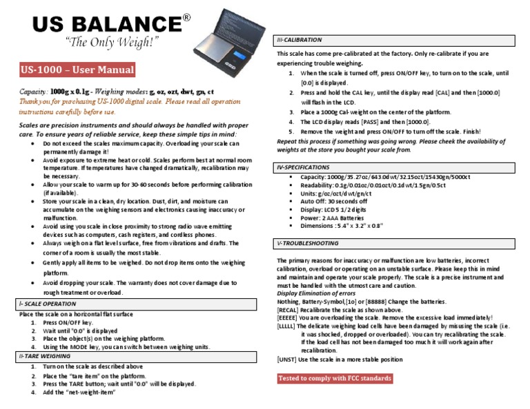 US-1000 Digital Scale Instruction Manual - USBALANCE | PDF | Battery ...