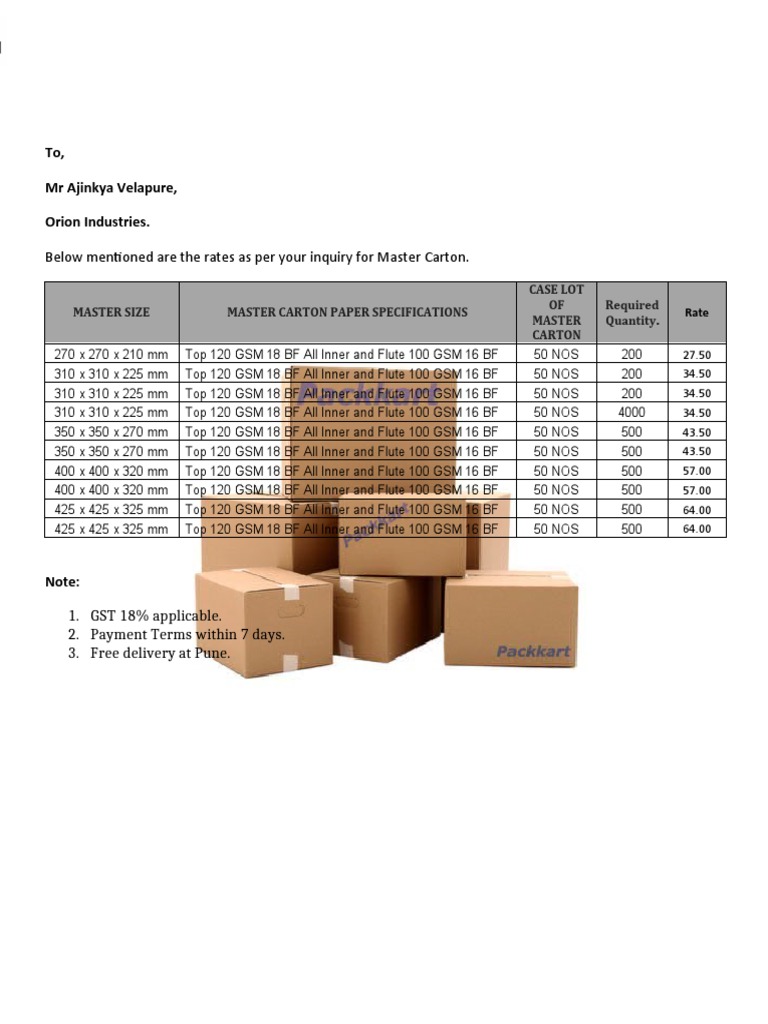 Master Carton Rates for Orion | PDF | Technology & Engineering