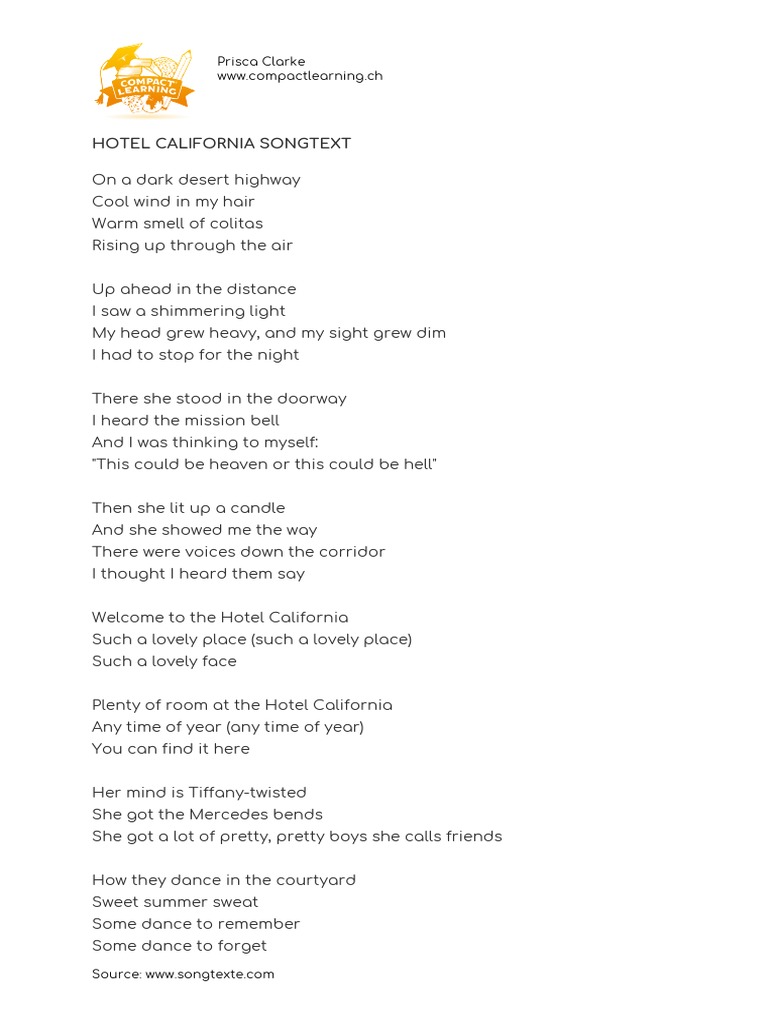 Hotel California Song Lyrics | PDF | Art | Mystery, Thriller & Crime ...