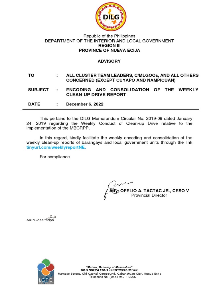 Reminder On The Encoding and Consolidation of The Weekly Clean Up Drive ...