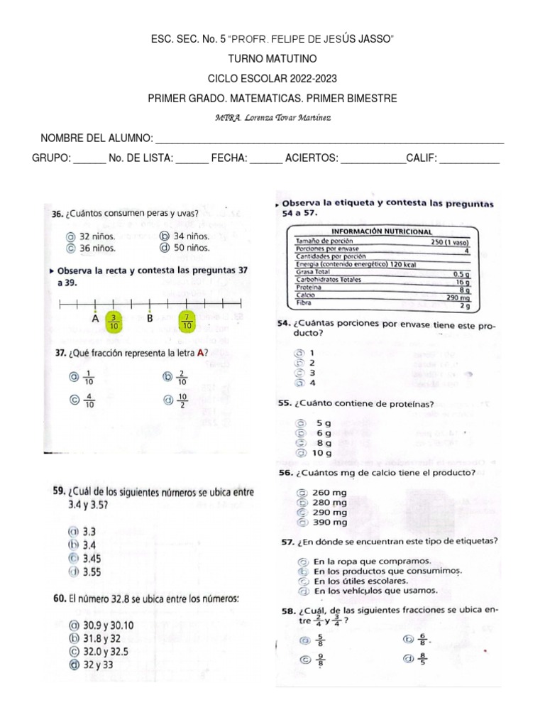 EXAMEN PRIMER GRADO MATEMÁTICAS | PDF