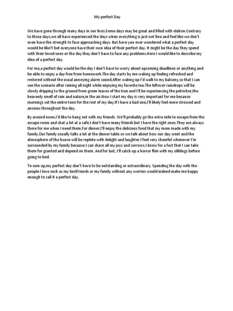 My Perfect Day Essay | PDF | Cooking, Food & Wine | Poetry