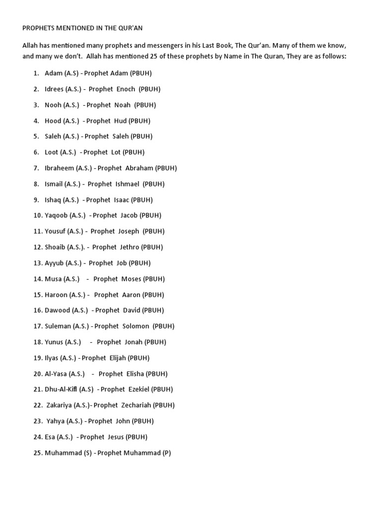 List of Prophets in the Qur'an | PDF | Social Science | Religion ...
