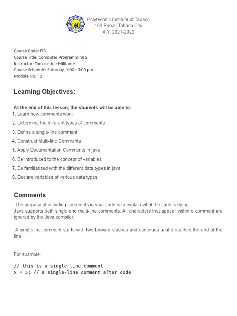 It 3 Computer Programming 2 Module 2 Pdf Java Programming Language Variable Computer 5716