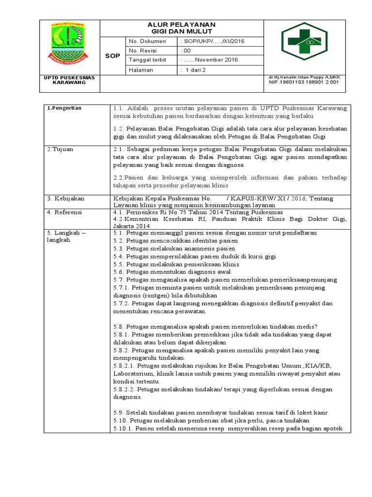 1.SOP Kegiatan Alur Pelayanan Klinik Gigi | PDF