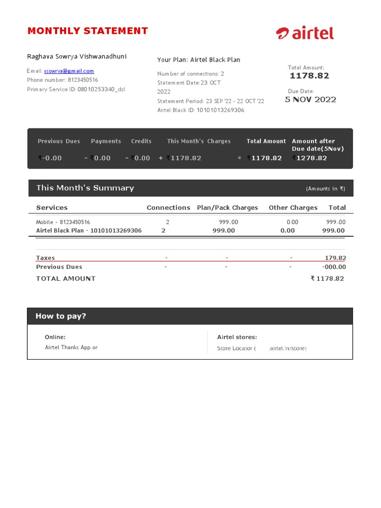Airtel Black Plan Monthly Statement | PDF