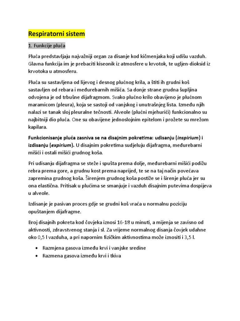 Respiratorni Sistem-Funkcije Pluca | PDF