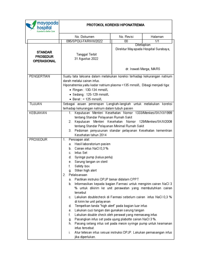 95 Spo Protokol Koreksi Hiponatremia | PDF