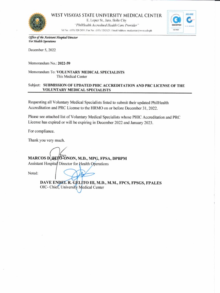 Memo No. 2022-59 - Submission of Updated PHIC and PRC License of ...