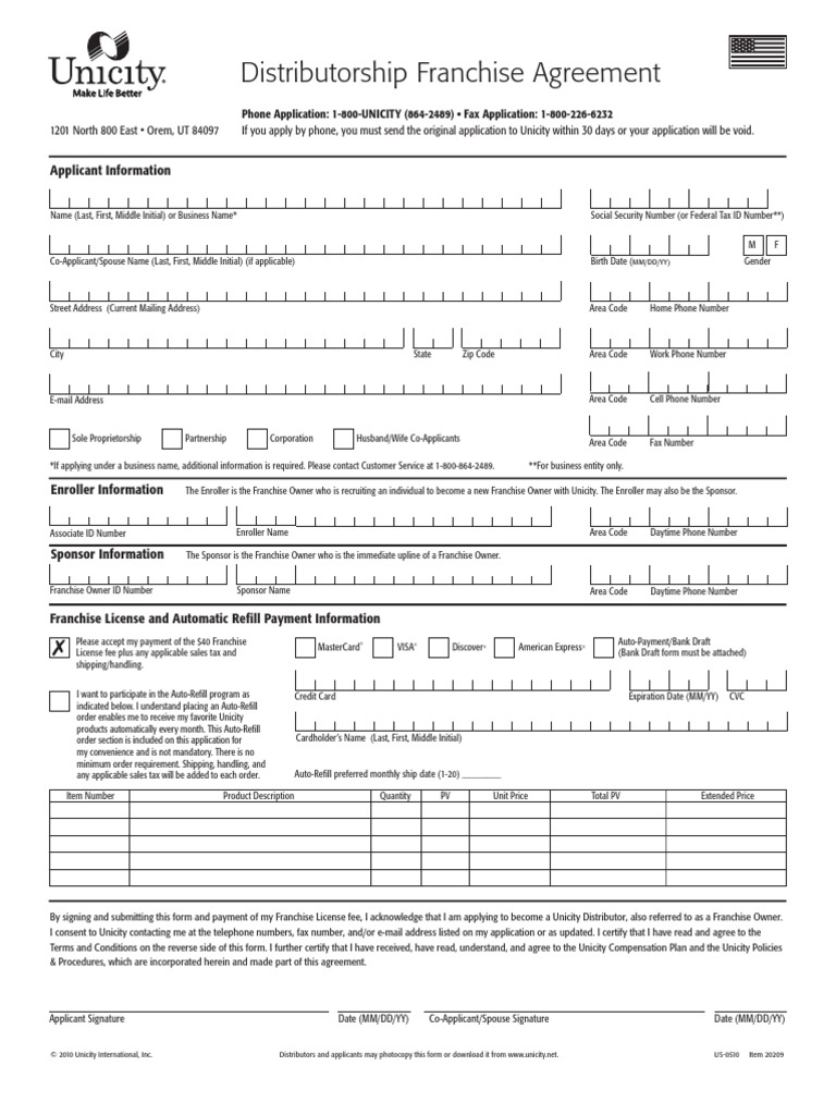 Unicity Distributor Application | PDF | Law Of Agency | Franchising