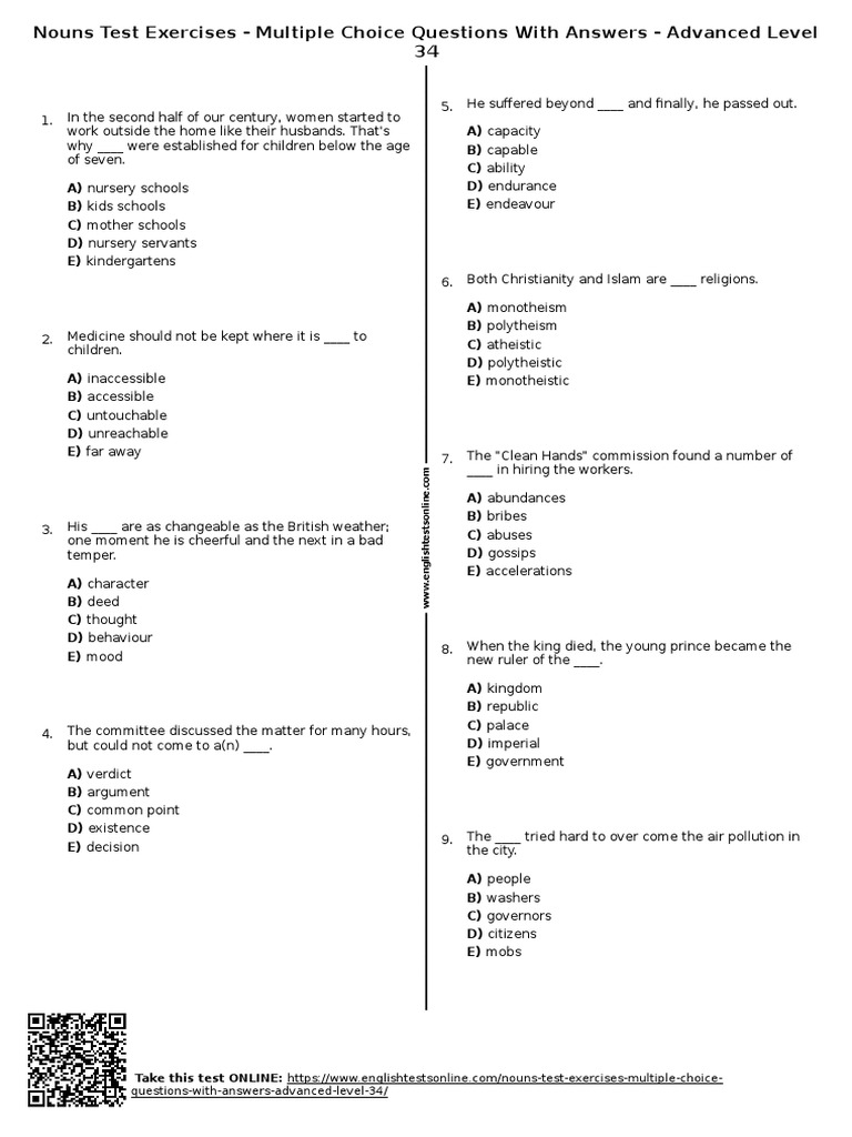 533 - Nouns Test Exercises Multiple Choice Questions With Answers ...
